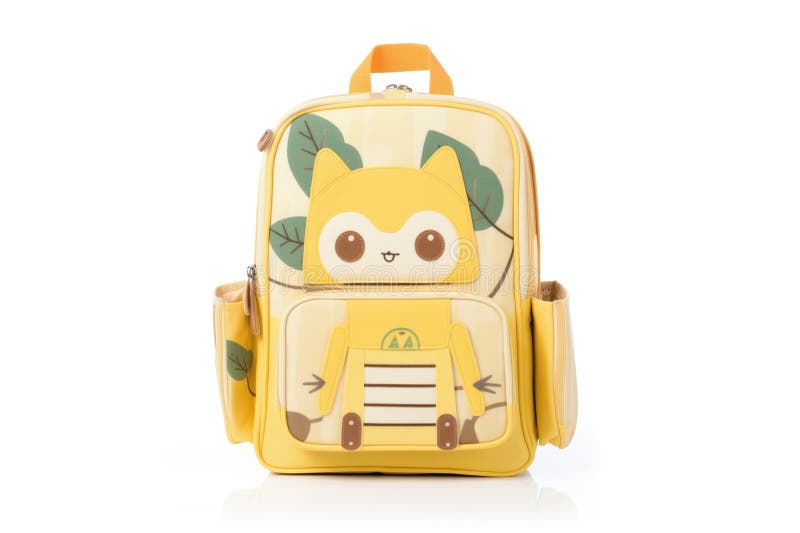 Yellow Kids Backpack with Cartoon Motifs, Front View, White Space Stock ...