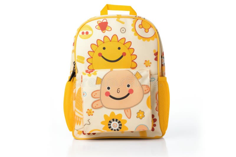 Yellow Kids Backpack with Cartoon Motifs, Front View, White Space Stock ...