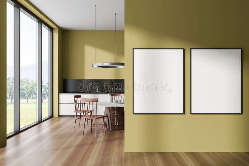 Yellow Kitchen Interior with Eating Table and Cooking Area. Mockup ...