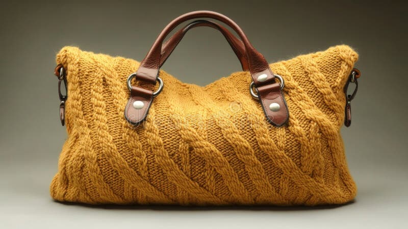 Yellow Knitted Handbag with Leather Handles Stock Illustration ...