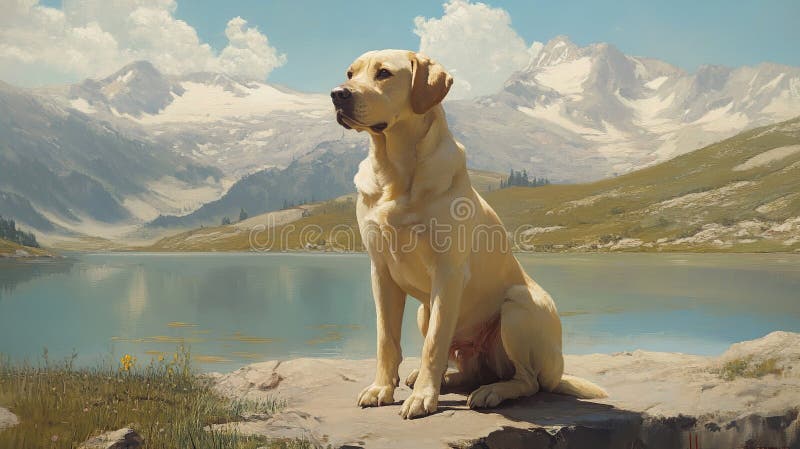 Yellow Lab Sits by Alpine Lake, Mountains Backdrop Stock Image - Image ...