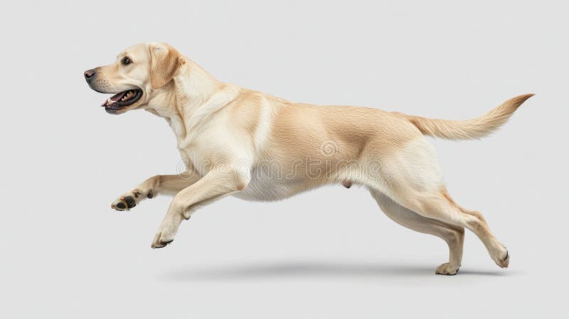 A Yellow Labrador Retriever is Captured Jumping in Mid-air Against a ...