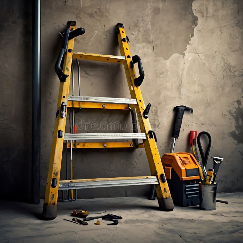 Yellow Ladder and Assorted Tools on a Concrete Floor Stock Illustration ...