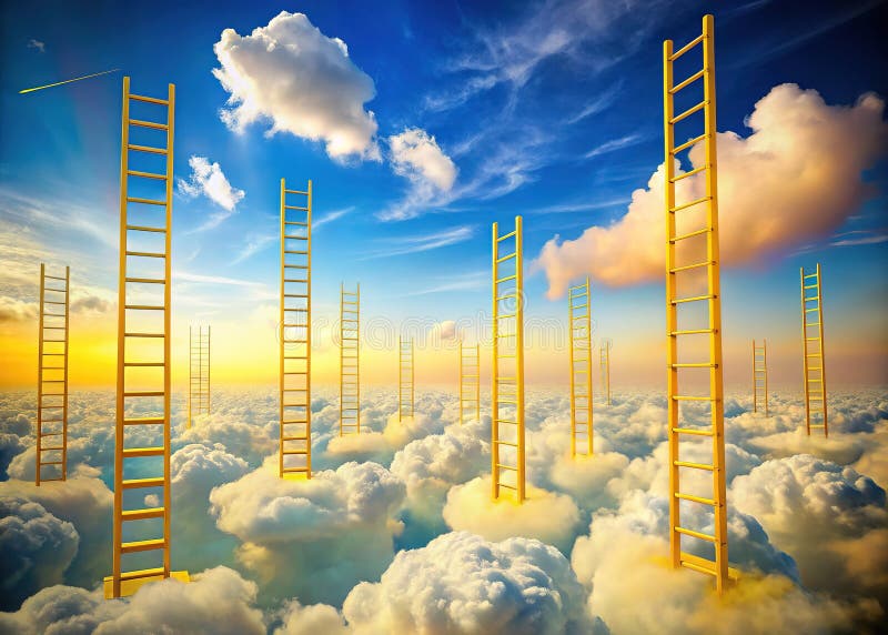 Yellow Ladders Reaching for a Dreamlike Cloudscape a Surreal 3D Render ...