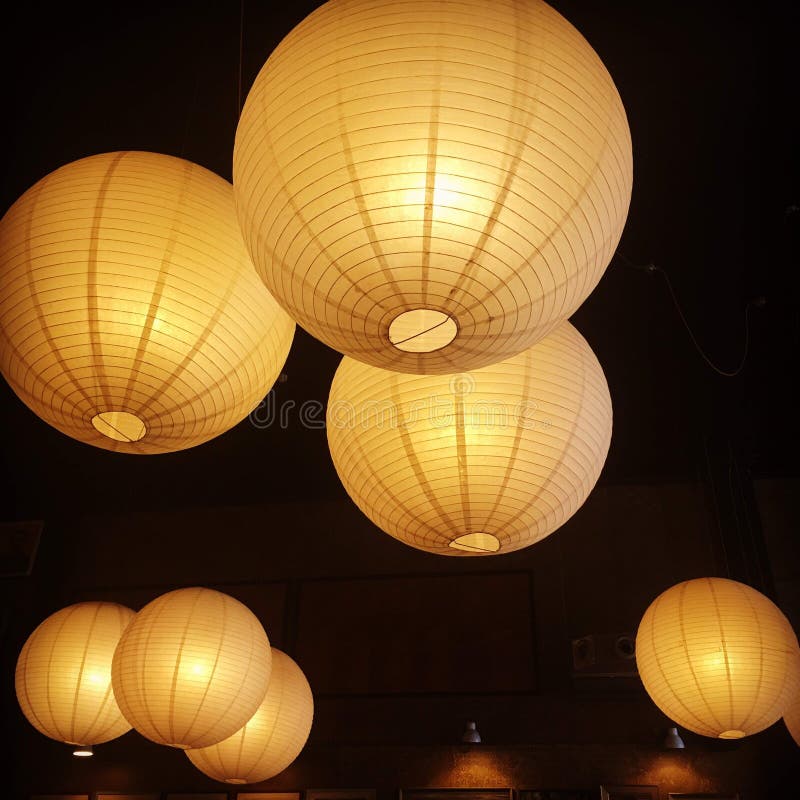Yellow Lanterns Scattered Across Ceiling Stock Photo - Image of decor ...