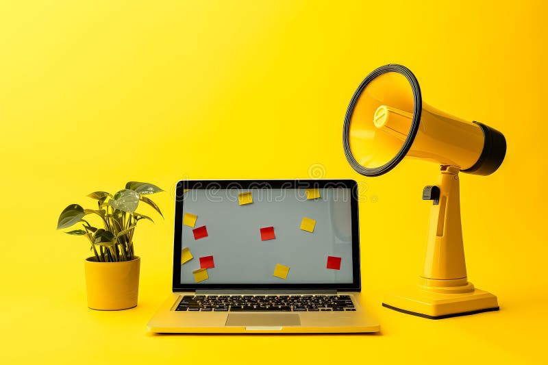 Yellow Laptop with a Yellow Microphone on Top of it Stock Photo - Image ...