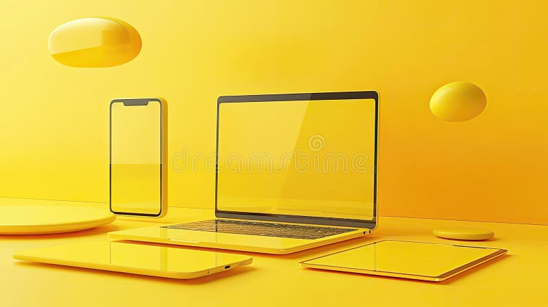 A Yellow Laptop is Surrounded by Three Cell Phones Stock Photo - Image ...