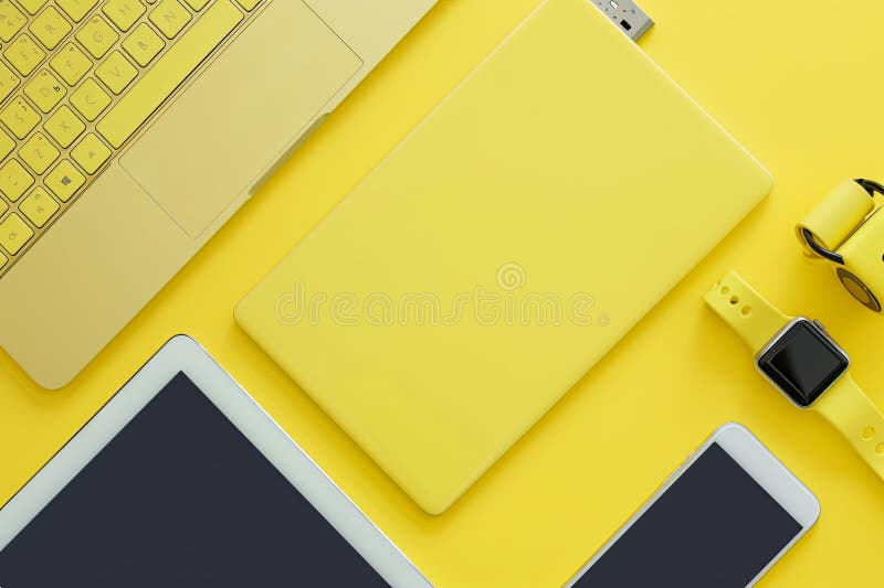 A Yellow Laptop, Tablet, Smartphone, and Smartwatch are Arranged on a ...