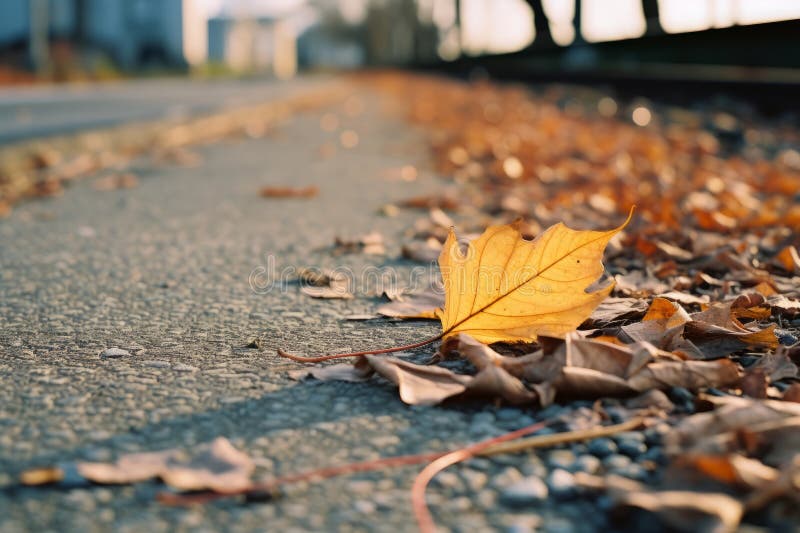 A Yellow Leaf Lies on the Ground in Front of a Train Track Stock ...