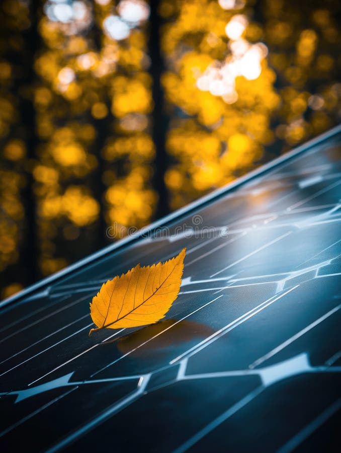 Yellow Leaf on Solar Panel stock image. Image of innovation - 385170353