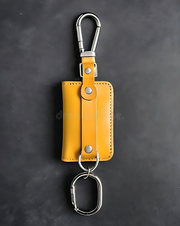 Yellow Leather Rectangular Keychain Holder with Steel Carabiner ...
