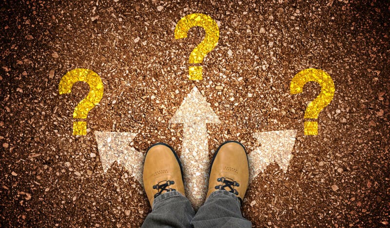 Yellow Leather Shoes, Three Arrows and Question Marks Stock Photo ...