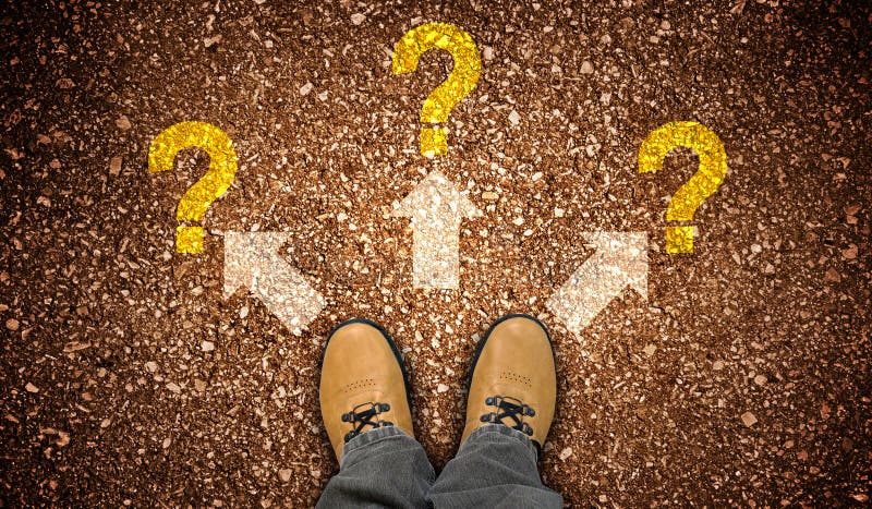 Yellow Leather Shoes, Three Arrows and Question Marks Stock Photo ...