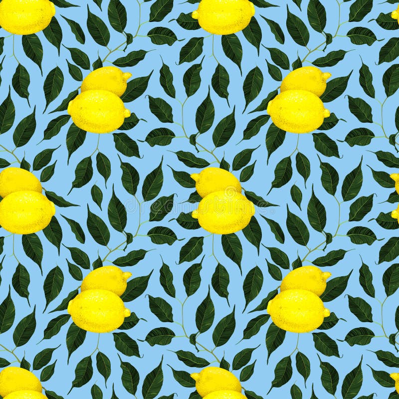 Yellow Lemon Citrus Fruit Branch with Green Leaves Seamless Pattern ...