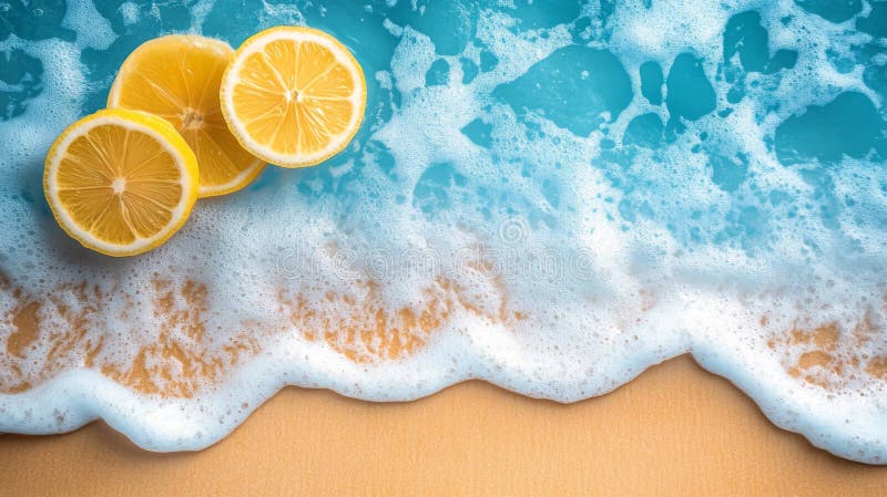 Yellow Lemon Slices on Sandy Beach with Blue Ocean Waves Stock ...