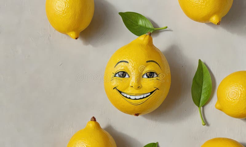 Yellow Lemon with Smiling Face and Green Leaves is Surrounded by ...