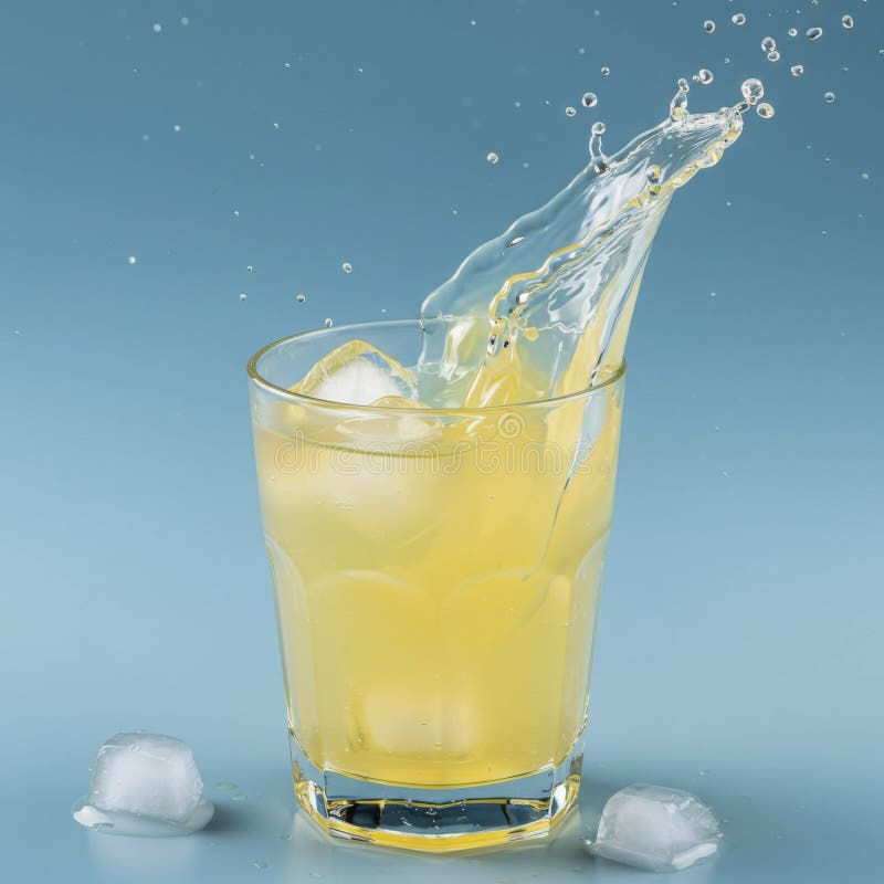 Yellow Lemonade Splashing in Glass with Ice Cubes on Blue Background ...