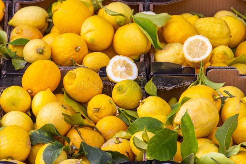 Yellow Lemons on Market Stall Stock Image - Image of grocery, full ...