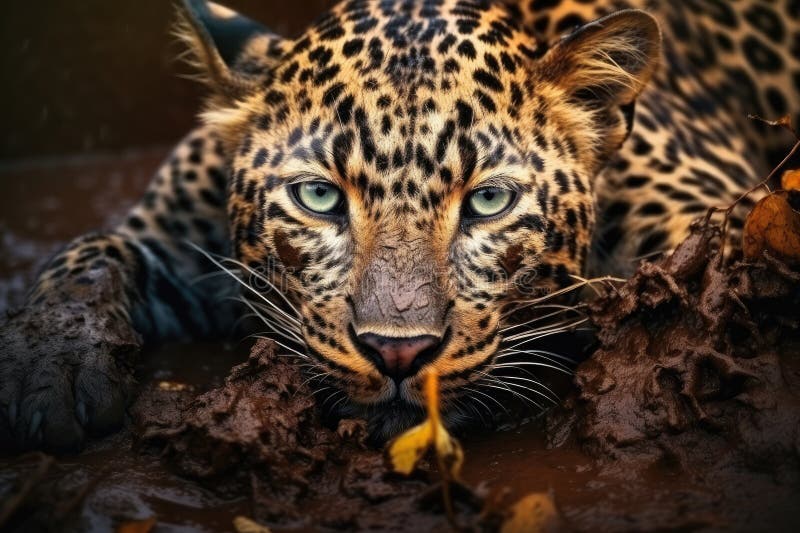 Yellow Leopard with Green Eyes and Black Spots Lying in Mud Stock ...