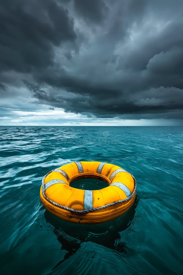 A Yellow Life Preserver Floating in the Middle of the Ocean Under a ...