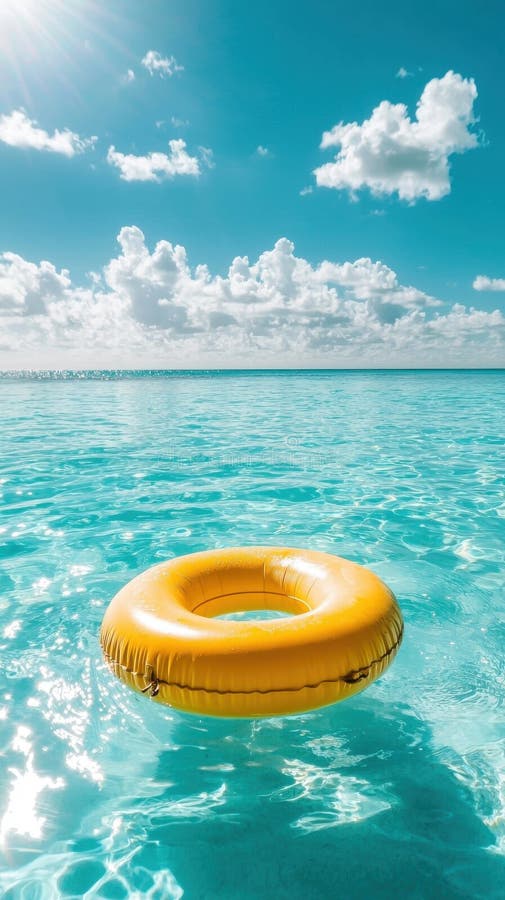Yellow Life Ring Floating on the Surface of a Blue Ocean Water Stock ...