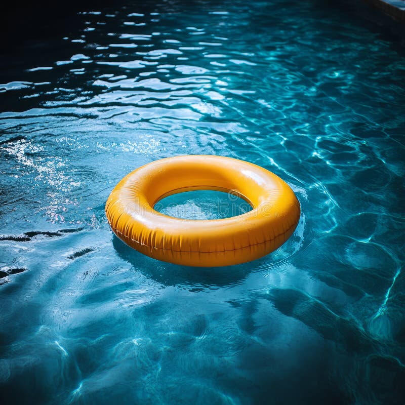 Yellow Lifebuoy Floating in a Clear Blue Swimming Pool. Stock Image ...