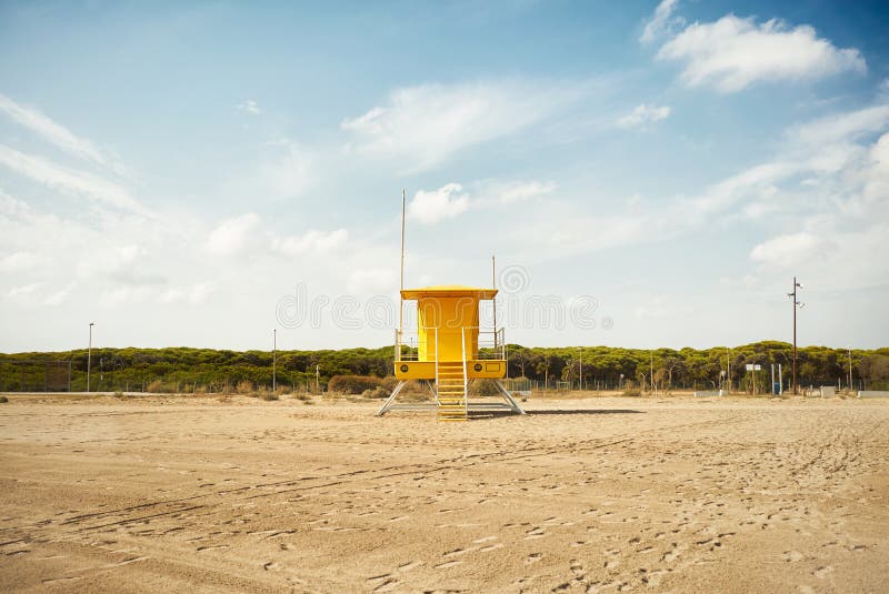 Yellow Lifeguard Post on an Empty Beach Stock Image - Image of life ...