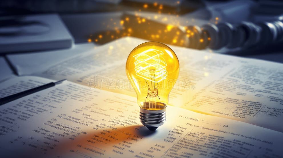 Yellow Light Bulb. Background Sheet of Notebook with Formulas and Books ...