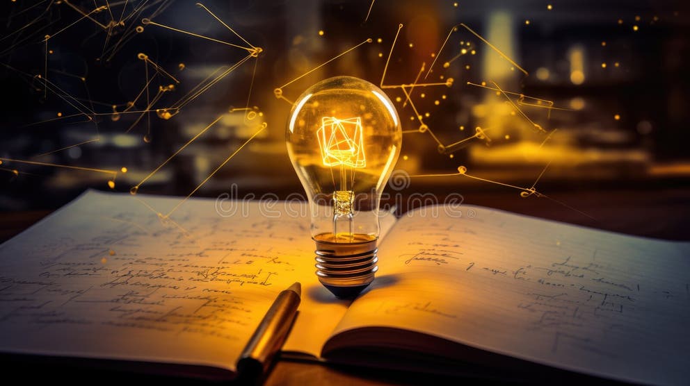 Yellow Light Bulb. Background Sheet of Notebook with Formulas and Books ...