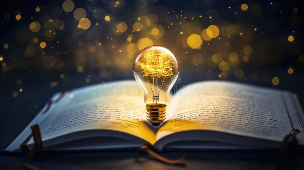 Yellow Light Bulb. Background Sheet of Notebook with Formulas and Books ...