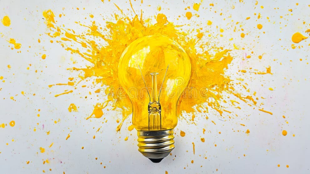 Yellow Light Bulb with Paint Splash on White Background, Abstract ...