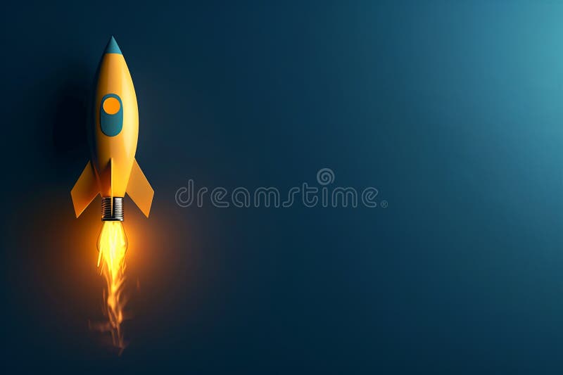 Yellow Light Bulb Rocket on a Deep Blue Background Symbolizing Space ...