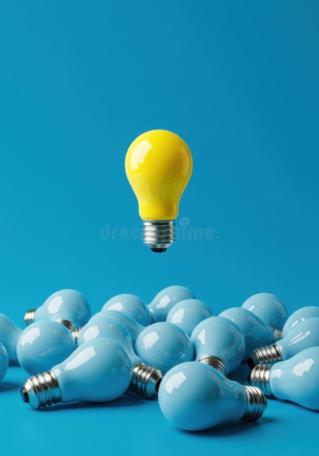 Yellow Light Bulb Stands Out from Blue Crowd. Unique Idea Concept Stock ...