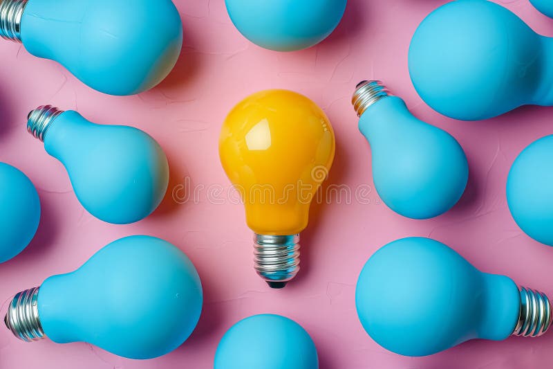 Yellow Light Bulb is Surrounded by Blue Balls. Stock Photo - Image of ...