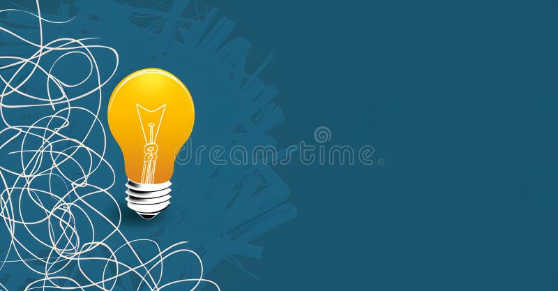 Yellow Light Bulb with Tangled Lines on Blue Background Stock ...