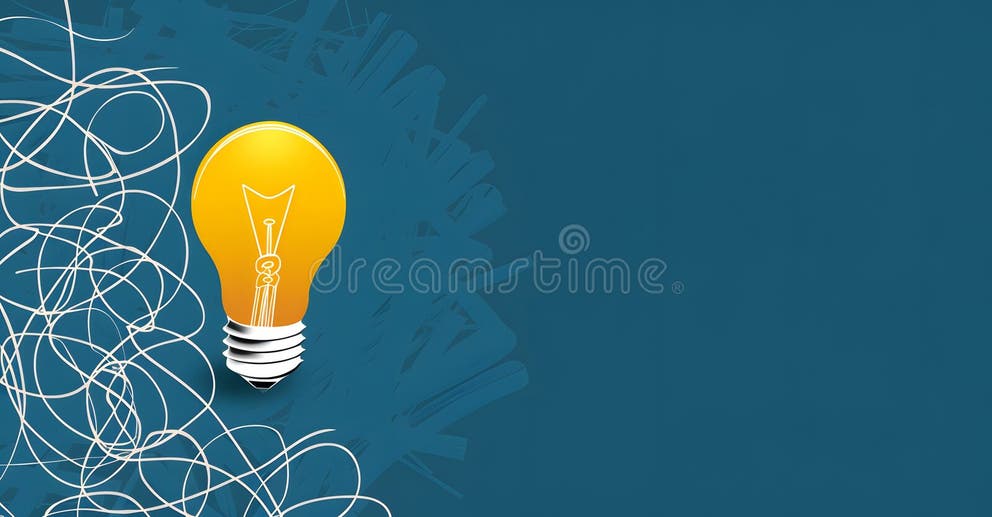 Yellow Light Bulb with Tangled Lines on Blue Background Stock ...