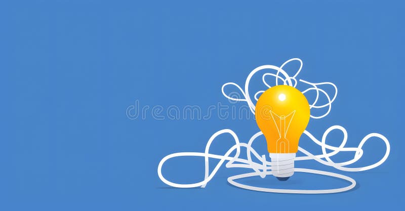 Yellow Light Bulb with White Tangled Line on Blue Background Stock ...