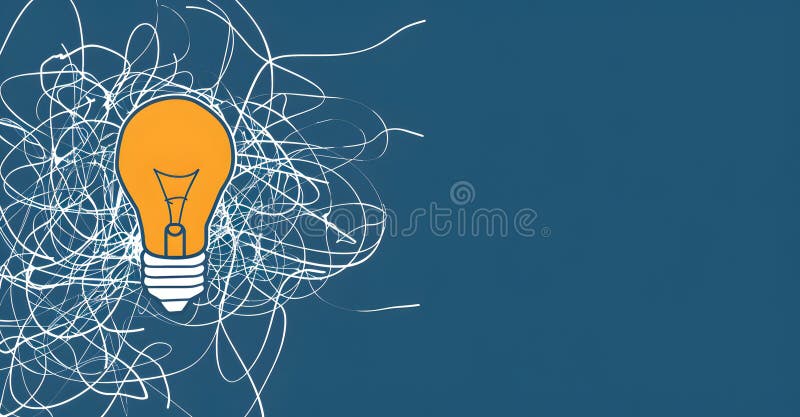 Yellow Light Bulb with Tangled Lines on Blue Background Stock ...