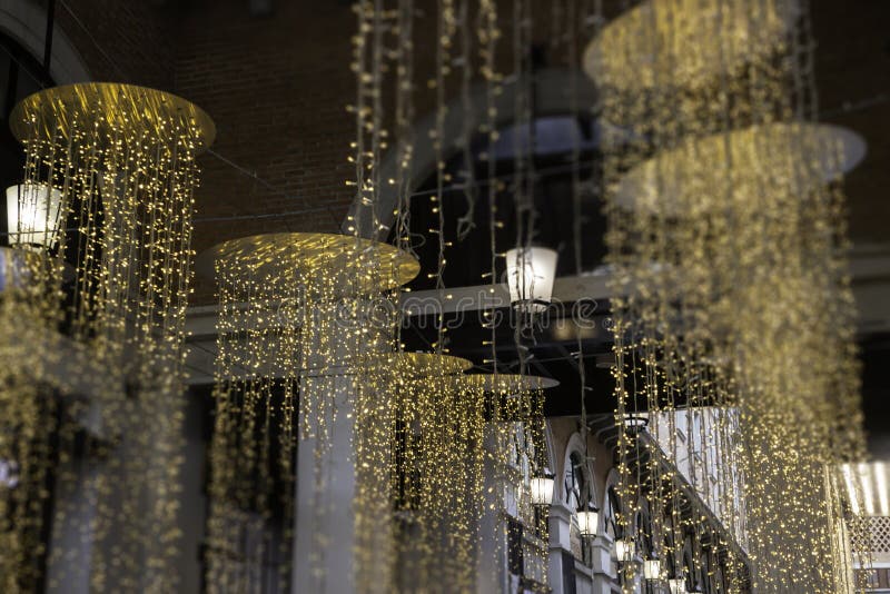 Yellow Light Bulbs Decorated in Hall Ceiling Stock Image - Image of ...