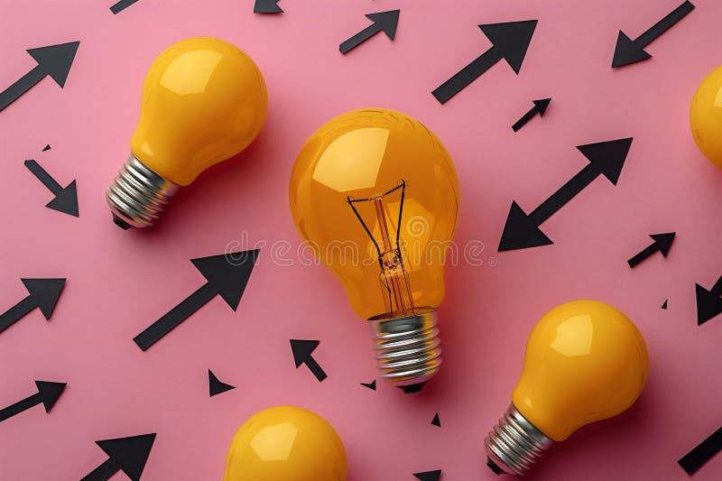 Yellow Light Bulbs on Pink Background with Black Arrows, Seamless ...