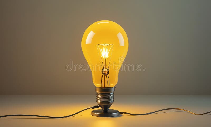 Yellow Lightbulb with Black Base and Cord Sits on White Surface ...