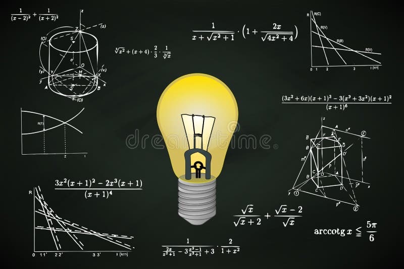 Yellow Lightbulb on Blackboard with Math Calculations Stock ...