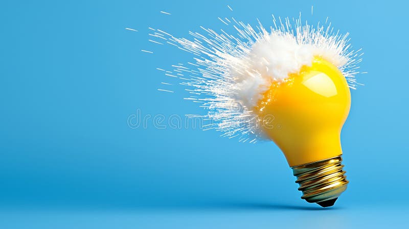 Yellow Lightbulb Exploding with White Particles on Blue Background ...