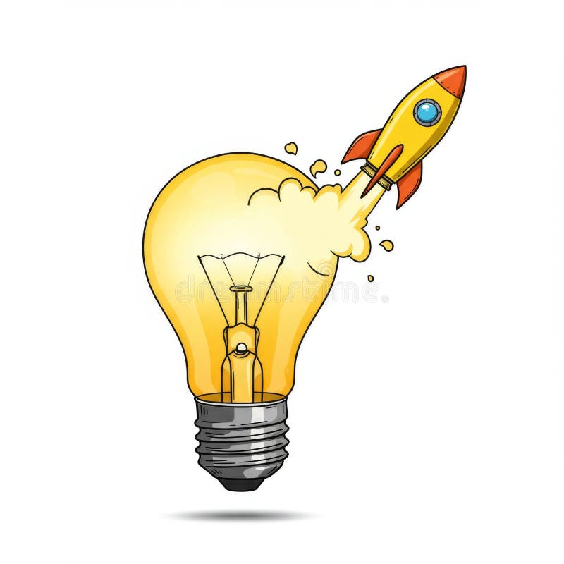 Yellow Lightbulb with Launching Rocket Illustration Stock Illustration ...