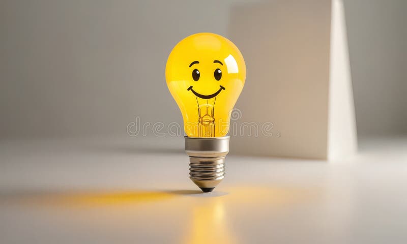 Yellow Lightbulb with Smiley Face is Centered on White Surface, Casting ...