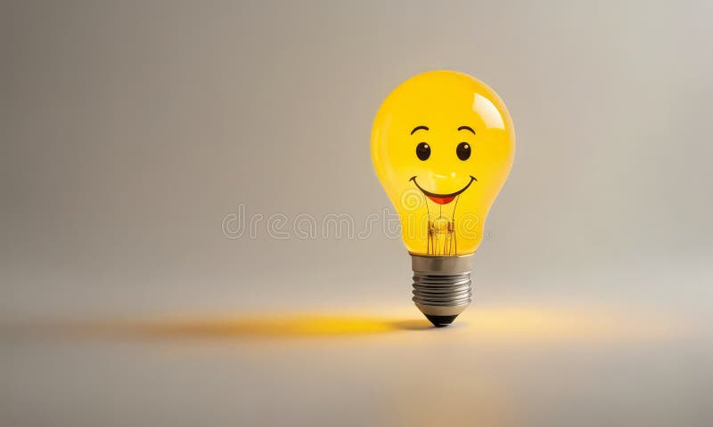 Yellow Lightbulb with Smiling Face is Illuminated, Casting Shadow on ...