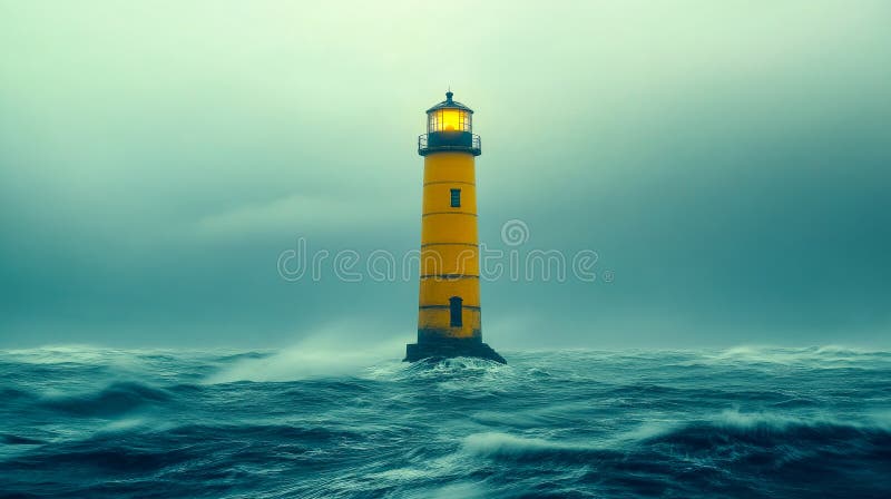 An Yellow Lighthouse in the Middle of the Ocean, Big Waves Around the ...