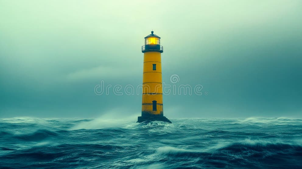 An Yellow Lighthouse in the Middle of the Ocean, Big Waves Around the ...
