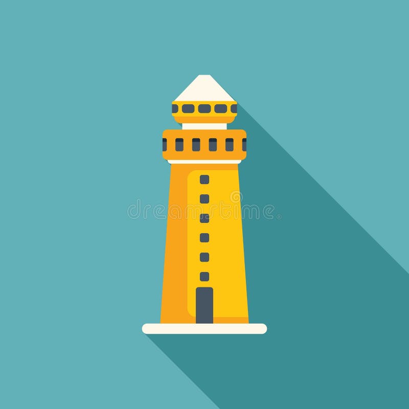 Yellow Lighthouse Tower Emitting Light Beam at Night Flat Design Icon ...