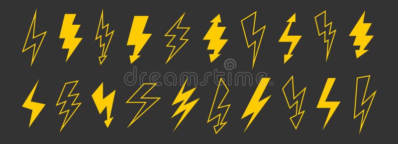 Yellow Lightning Bolt Set. Solid and Outline Thunder Bolt Symbol ...